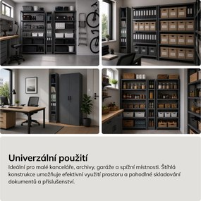 Úzký kovový archivační regál na dokumenty antracitový, 250x1850x400 mm: TIM