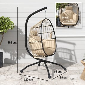 Závěsné křeslo Outsunny, závěsné vajíčko, houpací křeslo - skládací koš, polstrovaný polštář, držák na hrnky, polštářek, pro vnitřní a venkovní použit