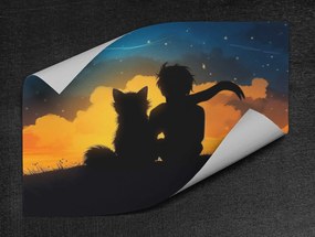 Plakát - Malý princ a liška pozorují nádherný západ slunce (siluety) FeelHappy.cz Velikost plakátu: A2 (42 x 59,7 cm)