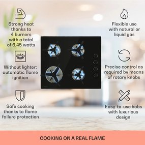 Klarstein Trifecta 4, plynová varná deska, 4 trojúhelníkové hořáky, sklokeramika, černá