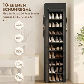 HOMCOM 10patrový úzký kovový botník s ochranným krytem proti prachu – pro 20 párů, 45 × 30 × 175 cm, černý