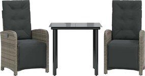 3dílný bistro set s poduškami šedý polyratan 3212563