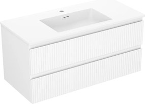 Mexen Rivel, koupelnová skříňka 100 cm s umyvadlem Otis, 2 zásuvky, drážkovaná, bílá matná, 91A20-10047-2-BFF01-W18M01