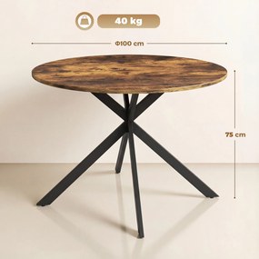 HOMCOM kulatý jídelní stůl pro 4 osoby, Ø100 cm, průmyslový styl, ocelové X-nohy, rustikální hnědá