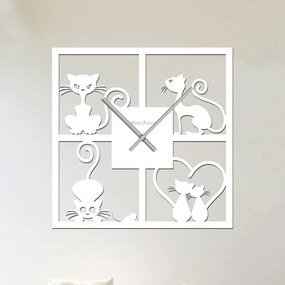 dřevo života Nástěnné hodiny KOČKY Zvolte barvu dekoru: Bílá, Zvolte velikost hodin (cm): 50x50, Barva ručiček: Stříbrné