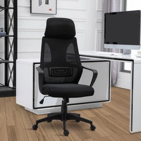 Vinsetto kancelářská židle s nastavitelným opěradlem, područkami, hlavovou opěrkou, kolečky a houpací funkcí, nosnost 120 kg, 64x55x116-126 cm, černá
