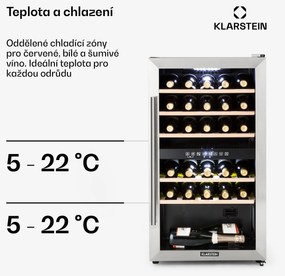 Klarstein Vinamour 29D, vinotéka, 80 l/29 lahví, 2 zóny, 5-22 °C, dotykové ovládání