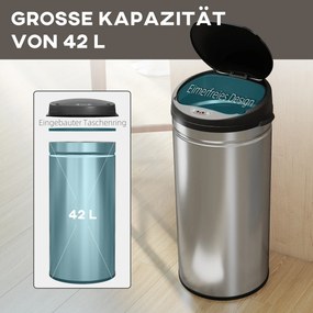 HOMCOM 42l senzorem řízený odpadkový koš s funkcí Soft-Close, bezdotykový odpadkový koš z nerezové oceli pro hygienické kuchyně 851-048V00SR