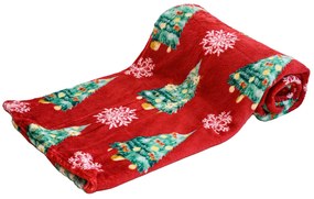 Červená vánoční mikroplyšová deka STROMEČEK A VLOČKA, 180x200 cm
