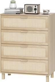 HOMCOM komoda se 4 zásuvkami, ratanový vzor, rozměry 80D x 40Š x 103V cm, MDF světlé dřevo