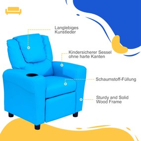 HOMCOM Dětské křeslo s funkcí polohování Mini pohovka pro děti 3-6 let Modrá s držákem na nápoje 62x52x69cm ideální do dětských pokojů | Aosom.de