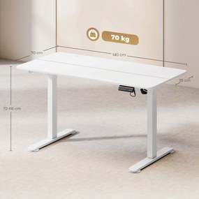 Vinsetto Výškově nastavitelný stůl 140x70cm Elektrický počítačový stůl 4 Paměť Ergonomické sedadlo Stojící stůl Háček proti kolizi Bílý