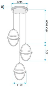 Toolight Toolight, LED závěsné svítidlo 3x 20x28cm, 60W, 4000K, 4200lm, G064-3CPR, zlatá lesklá, OSW-08696