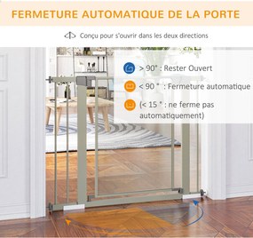 PawHut Bezpečnostní brána pro zvířata s dvojitým zámkem, automatické zavírání, šířka 75-103 cm, šedá