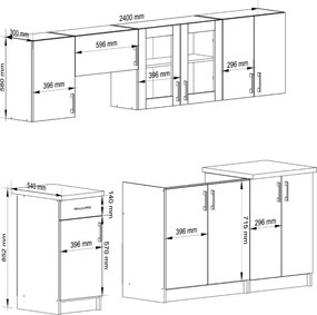 Kuchyňská linka LIMA s vitrínou 2.4 m bílá / dub sonoma