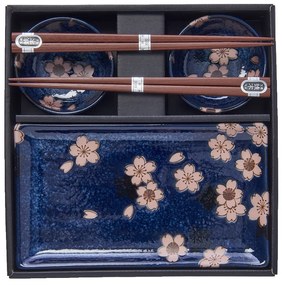 Made in Japan (MIJ) Sushi Set Navy with Pink Sakura 4 ks s hůlkami