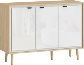 HOMCOM Moderní komoda se 3 dveřmi a nastavitelnou policí, 107x35x77 cm, lesklá bílá a dub