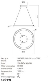 Redo 01-2673-LED Stmívatelný lustr na lanku ICONIC LED/50W/230Vpr. 58 cm zlatá