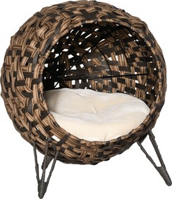 Kočka dům PawHut z ratanového materiálu s polštářem, kočičí doupě s vyvýšenými nohami hnědá Ø52 x 58 cm | Aosom