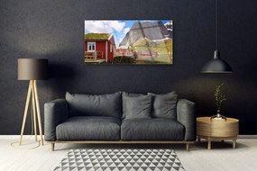 Obraz na skle Domy Jezero Hory Krajina 125x50 cm
