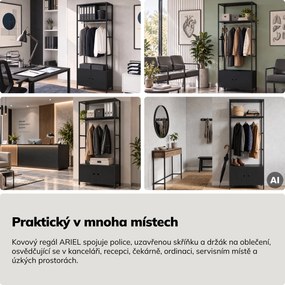 Kancelářský regál otevřený s tyčí na oblečení, do recepce a čekárny, kovový, černý, 800x2200x400 mm: ARIEL