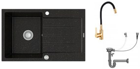 Mexen Bruno - dřez granitový 79,5x49,5cm + baterie Flex, 1-komorový, černá-zlatá, 6513791010-75-Flex