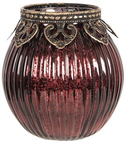 Červený skleněný svícen na čajovou svíčku s kovovým zdobením – 9x9 cm