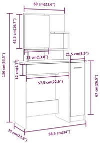 vidaXL Toaletní stolek sada bílý s vysokým leskem 86,5 x 35 x 136 cm