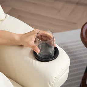 HOMCOM polohovatelné křeslo z PU kůže s manuálním ovládáním, držákem na nápoj a boční kapsou — otočné TV křeslo do obýváku/ložnice, krémové