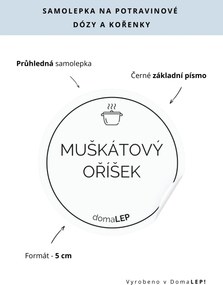 Samolepka na kořenky MUŠKÁTOVÝ OŘÍŠEK průhledná 5 cm základní písmo