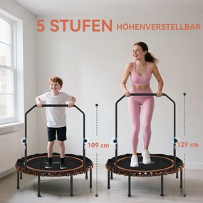 Fitness trampolína s nastavitelným zábradlím, sportovní trampolína pro vnitřní i venkovní použití, ocel, plast, oranžová barva