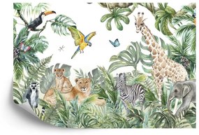 Fototapeta Children&amp;#039;s Wallpaper, Watercolor Jungle And Animals. Lions, Giraffe, Elephant, Parrots, Zebra, Lemur Samolepící tapety 300x210