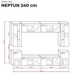 Ral Obývací stěna NEPTUN 1, 240 cm - Černý lesk