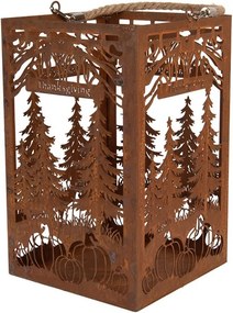 Rustikální rezavá lucerna s dýněmi a stromky - 19*19*30 cm