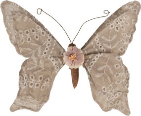 Béžová dekorace motýl na klipu zdobený výšivkou Fancy - 28*4*22 cm