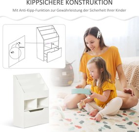 Dětská knihovna HOMCOM s šuplíkem, 3 police a 2 otevřené police, úložný regál pro dětský pokoj, hernu, bílá, 60 x 29,9 x 90 cm