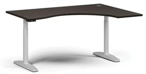 Výškově nastavitelný stůl OBOL, elektrický, 675-1325 mm, ergonomický pravý, deska 1600x1200 mm, bílá zaoblená podnož, wenge