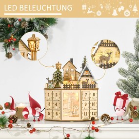 HOMCOM Adventní kalendář, box na adventní kalendář, vánoční dekorace, LED světla, 24 zásuvek, přírodní