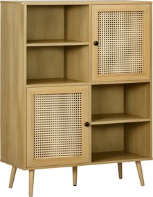 HOMCOM Buffetová skříňka s nohami z dřeva a ratanu se 2 dveřmi a 4 přihrádkami - rozměry 90L x 32,5W x 120H cm