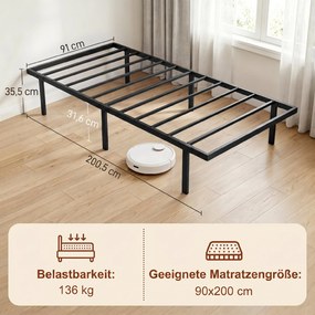 HOMCOM kovový rám postele s úložným prostorem pod postelí, výška 35,5 cm, tichý design, bez roštů, snadná montáž, 90 x 200 cm, černý