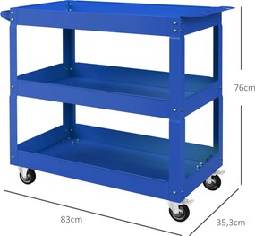 DURHAND Vozík na nářadí s kolečky, ocelový pracovní vozík se 3 policemi a bočním madlem pro domácí mechaniky, nosnost 150 kg, 83x35,3x76 cm, modrý