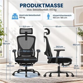 Kancelářská židle – černá, 70 cm (šířka) × 60 cm (hloubka) × 111 cm – 118,5 cm (výška) (267792306720)