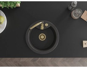 Mexen Diego, granitový dřez 488x488x167 mm, 1-komorový, černá skvrnitá se zlatým sifonem, 6512481000-76-G