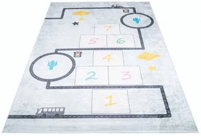 Dětský kusový koberec vhodný k praní BAMBINO 2168 Cesta Skakací panák protiskluzový krémový modrý Rozměr: 160x230 cm