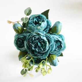 Umělá kytice pivoňek - 5 květů s poupaty (A) Barva: modrá