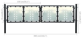 vidaXL Černá jednokřídlá plotová brána 300 x 125 cm