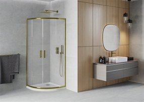 Mexen Rio, čtvrtkruhový sprchový kout 90(dveře)x90(dveře)x190 cm, 5mm sklo námraza, zlatý profil + bílá sprchová vanička SLIM, 863-090-090-50-30-4110G