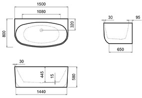 BPS-koupelny Volně stojící akrylátová vana ke stěně  NR526B 150x80 bílá, odtokový komplet chrom
