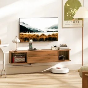 HOMCOM televizní stolek do 50" závěsný s zásuvkami, USB a Typ-C, zásuvka a police, 120x24x22,4 cm, ořech