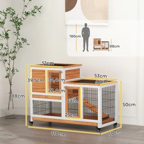 PawHut dvouúrovňový dřevěný králíčí výběh s koly, dveřmi, otevřenou plochou, rampou a 2 odnímatelnými zásobníky, 110x50x88 cm, přírodní a bílý